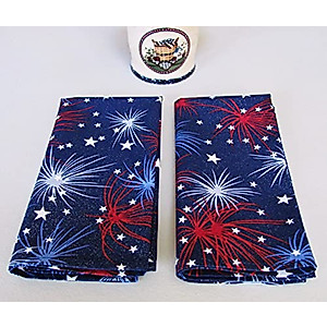 Fireworks & Stars Patriotic Cloth Napkins (Set of 2) Made in USA Patriotic Cotton Navy Blue/Red/White Glitter