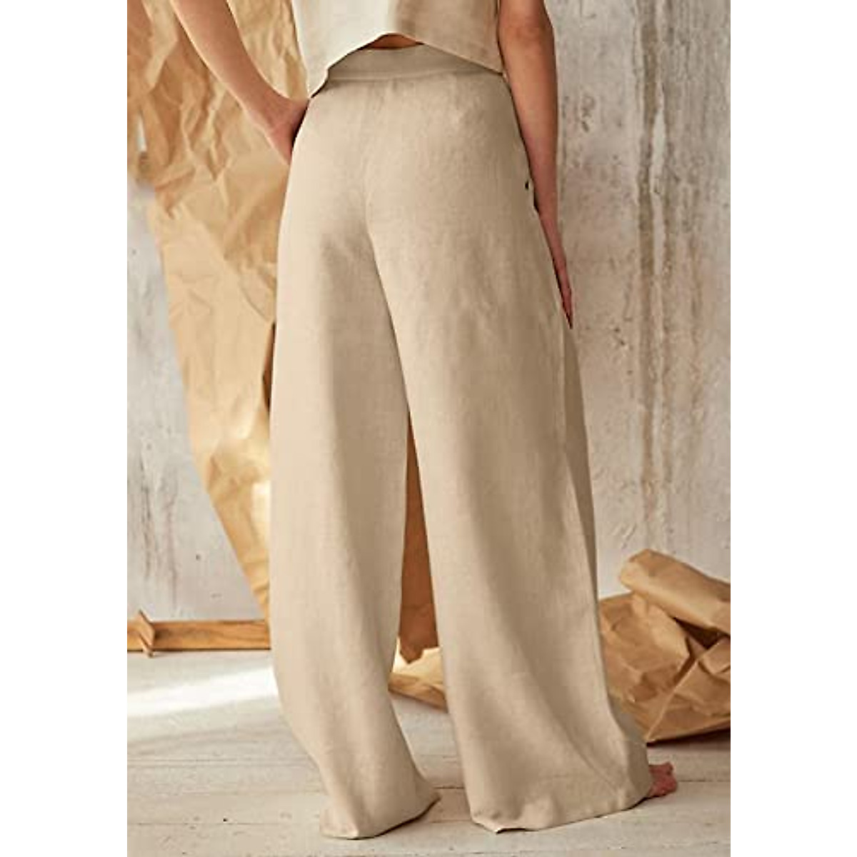 chouyatou Women's Summer High Waisted Cotton Linen Palazzo Wide Leg Casual Pants with Pockets (Large, Khaki)