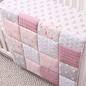 The Peanutshell Pink Woodland Floral Crib Bedding Set for Baby Girls - Crib Quilt, Fitted Sheet, Dust Ruffle Included