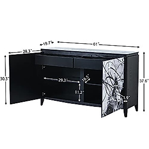 Modern Sideboard Buffet Storage Cabinet with 2 Drawers and 4 Shelves,Wooden Cabinet Console Table with 2 Decorative Doors for Hallway Entryway Living Room Bedroom (White+Black-003)