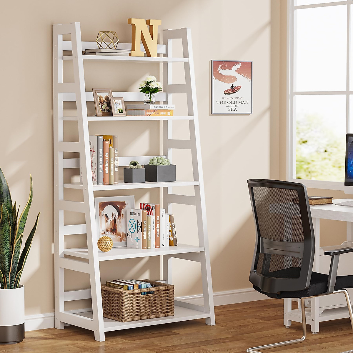 Tribesigns 5-Tier Bookshelf Modern Bookcase, 5 Shelf Ladder Shelf Book Storage Shelf Organizer for Living Room, Home Office (White)