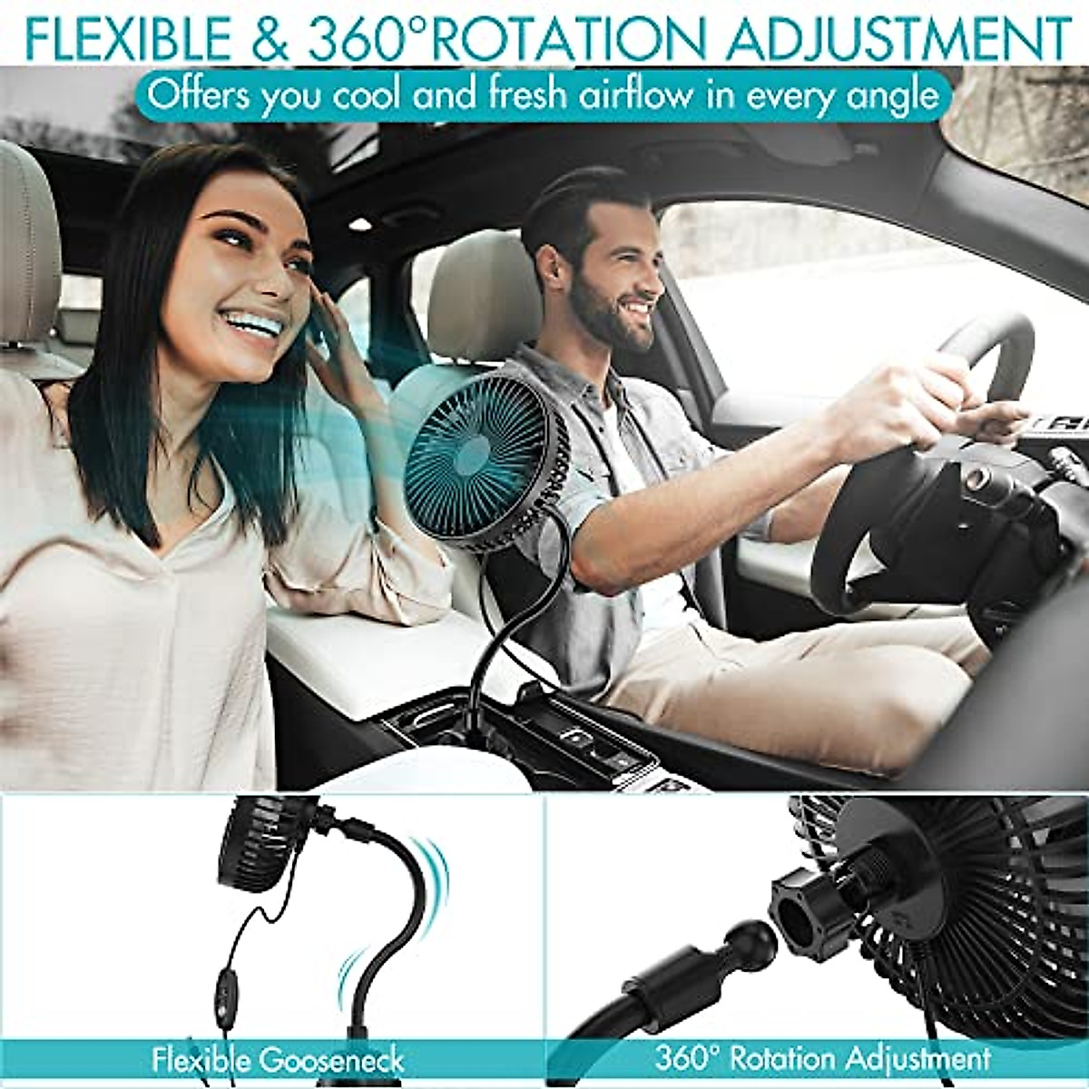 2022 Patent Design Car Fan, USB Powered 6" Electric Car Cooling Fan, 3 Speeds Strong Airflow, Adjustable Base, 360° Rotation Air Circulation Fan with Flexible Gooseneck for Car Van Truck SUV RV Sedan
