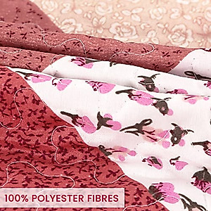 Qucover Quilt Queen Size, 3 Piece Multicolour Patchwork Print Red Pink Beige Floral Reversible Quilts Set, Soft Microfiber Lightweight Quilt Bedspread Bedding Set for All Seasons