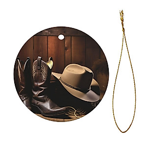 Christmas Ornaments Round Ceramic Ornaments Cowboy Black Hat Western Boots Printed Christmas Tree Ceramics Hanging Ornament for Xmas Holiday Party Decorations
