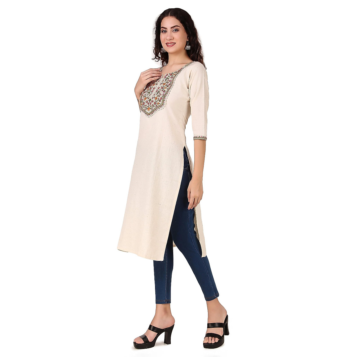 ladyline Rich Khadi Cotton Womens Tunic Top Multi Embroidered Kurti Kurta Dress (CEK SHKH690) (50/Cream)