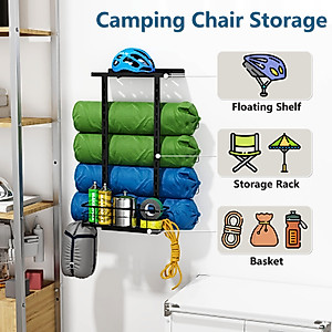 Johamoo Towel Racks for Bathroom, Wall Mounted Towel Rack for Rolled Towels with Shelf, Camping Chair Storage for Garage, Multifunctional Metal Storage Rack Wall Holder Organizer with Storage Basket