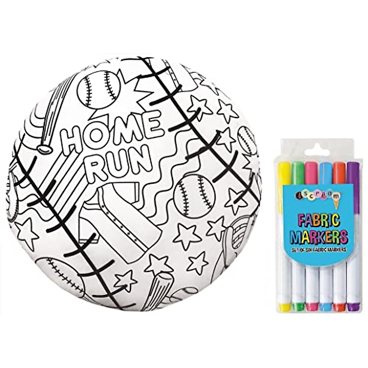 iscream Color Me! Baseball/Softball Shaped 10" x 10" Coloring Pillow with 6 Fabric Markers