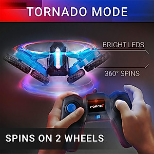 Force1 Tornado Remote Control Car AND Dino Whirler Triceratops Stunt Car Bundle- (1) Double Sided Fast Off-Road RC Stunt Car RC Crawler Rechargeable and (1) Fast Remote Control Mini Stunt Car for Kids