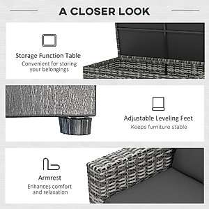 Outsunny 5 Piece Patio Furniture Set with Cushions, Outdoor PE Rattan Wicker Conversation Sofa Set with 30" Fire Pit Coffee Table, Dark Gray