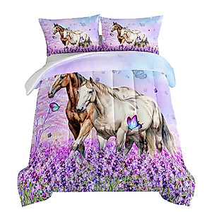 HOSIMA Farm Animal Bedding Set Horse Comforter,Butterfly Lilac Floral Comforter Tween Bedding Sets for Girls Couple Room Decor Aesthetic Chic Queen Comforter Set with 2 Pillowcases.
