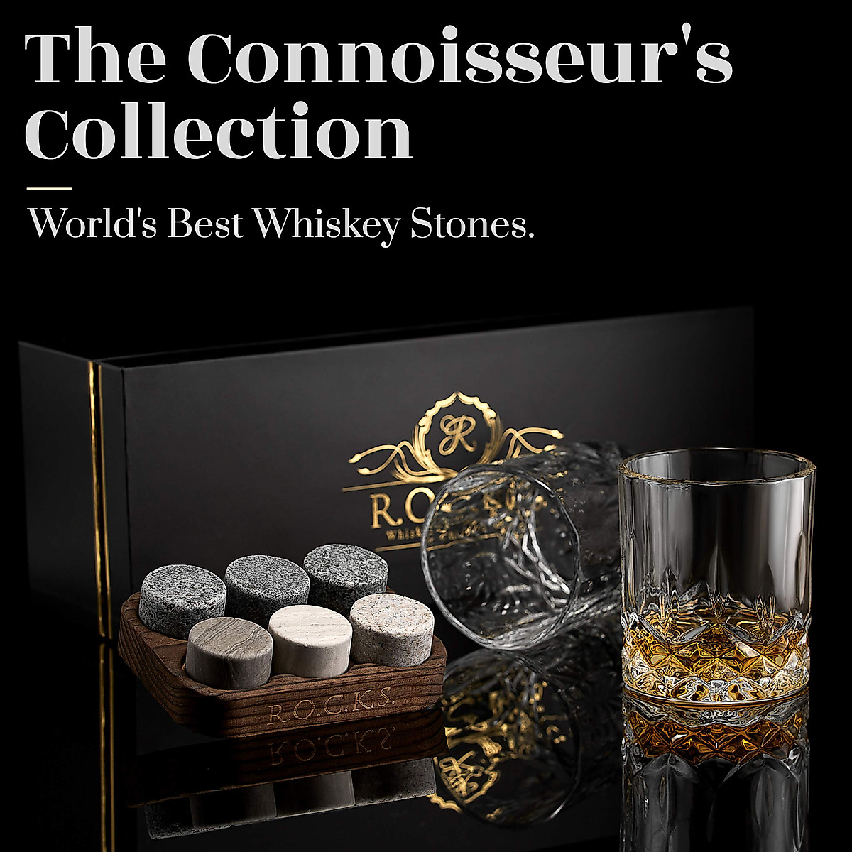 Whiskey Chilling Stones Gift Set - 6 Handcrafted Premium Granite Round Sipping Rocks - 2 Crystal Glass Tumblers - Hardwood Presentation & Storage Tray - Elegant Gold Foil Gift Box by R.O.C.K.S.