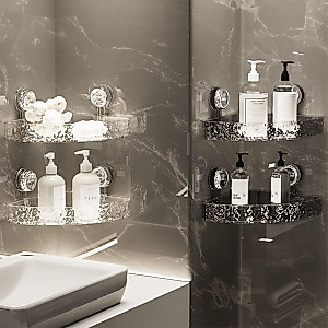 LGQY Raidley No Drill Clear Wall Caddy, Drill-Free Removable Multi Triangle Storage,2024 new light luxury style glacier pattern suction cup shelf (Clear-B)