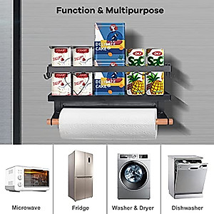 Graehn Magnetic Shelf for Refrigerator Paper Towel Holder Wall Mount Magnetic Spice Rack for Refrigerator Washing Machine Microwave Oven Organizer for Kitchen 4 Hooks (Black)