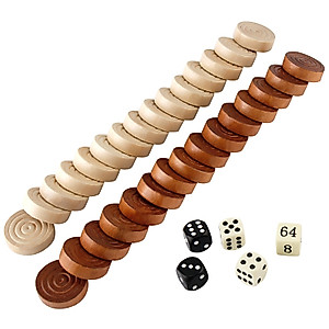 Amerous Thread Wooden Checkers Pieces Nature Wood Backgammon Pieces with Drawstring Bag, 5 Dices Included