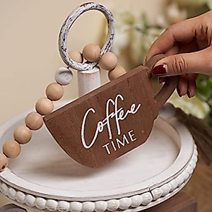 GenMous Farmhouse Coffee Bar Decor, Beaded 2 Tiered Tray with 4pcs Tiered Tray Decor for Farmhouse Home Decor, Two Tiered Decorative Trays for Coffee Counter, Party Decorations, Kitchen Table Décor