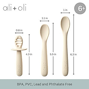 Ali+Oli (3pc) Silicone Spoon Set for Baby (Coco) Unbreakable Silicone Baby Spoon, Baby Spoons Self Feeding 6 Months & Up, Self Feeding Baby Utensils, Multi-stage Baby Feeding Spoon, Ergonomic Design