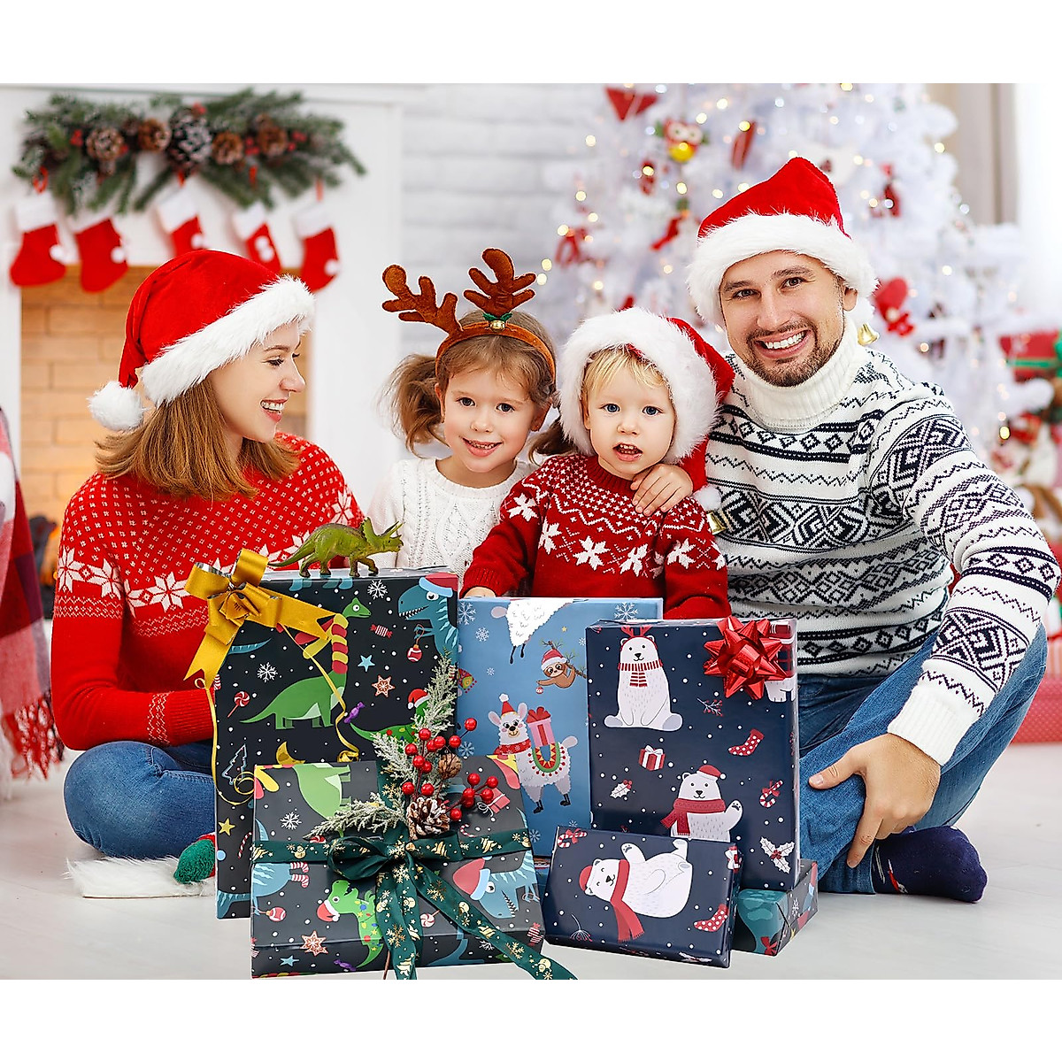 U'COVER Christmas Wrapping Paper for Kids Boys Girls 6 Large Sheet Gift Wrapping Paper for Women Men Christmas Dinosaur,Bear,Llama Sloth Xmas Holiday New Year Wrap Paper Folded Flat 27 * 37inch