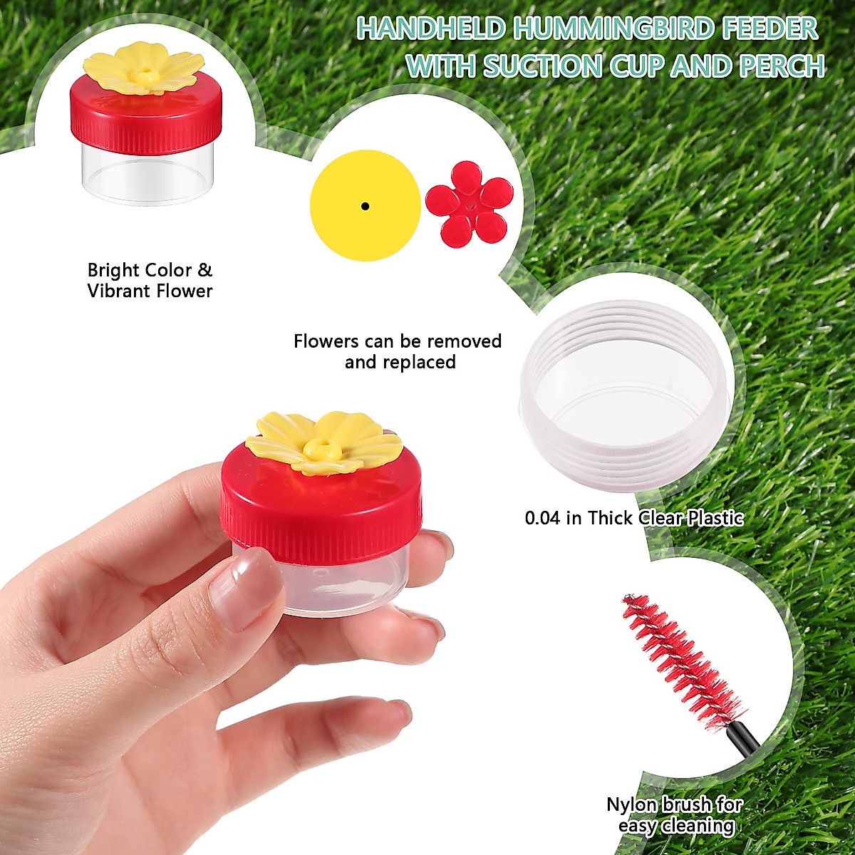 Hand Hummingbird Feeder 4 Pieces Window Flower Hummingbird Feeder Mini Handheld Hummingbird Feeder Humming Bird Feeder Wild Bird Feeders with Cleaning Brush for Outdoor Supplies, Red and Yellow