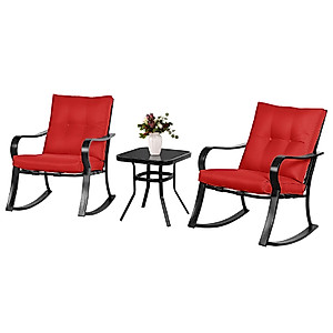 Crownland Outdoor Rocking Chairs Patio Furniture 3 Piece Patio Set Bistro Table Set Black Ironl with Thickened Cushions and Glass Coffee Table, Red