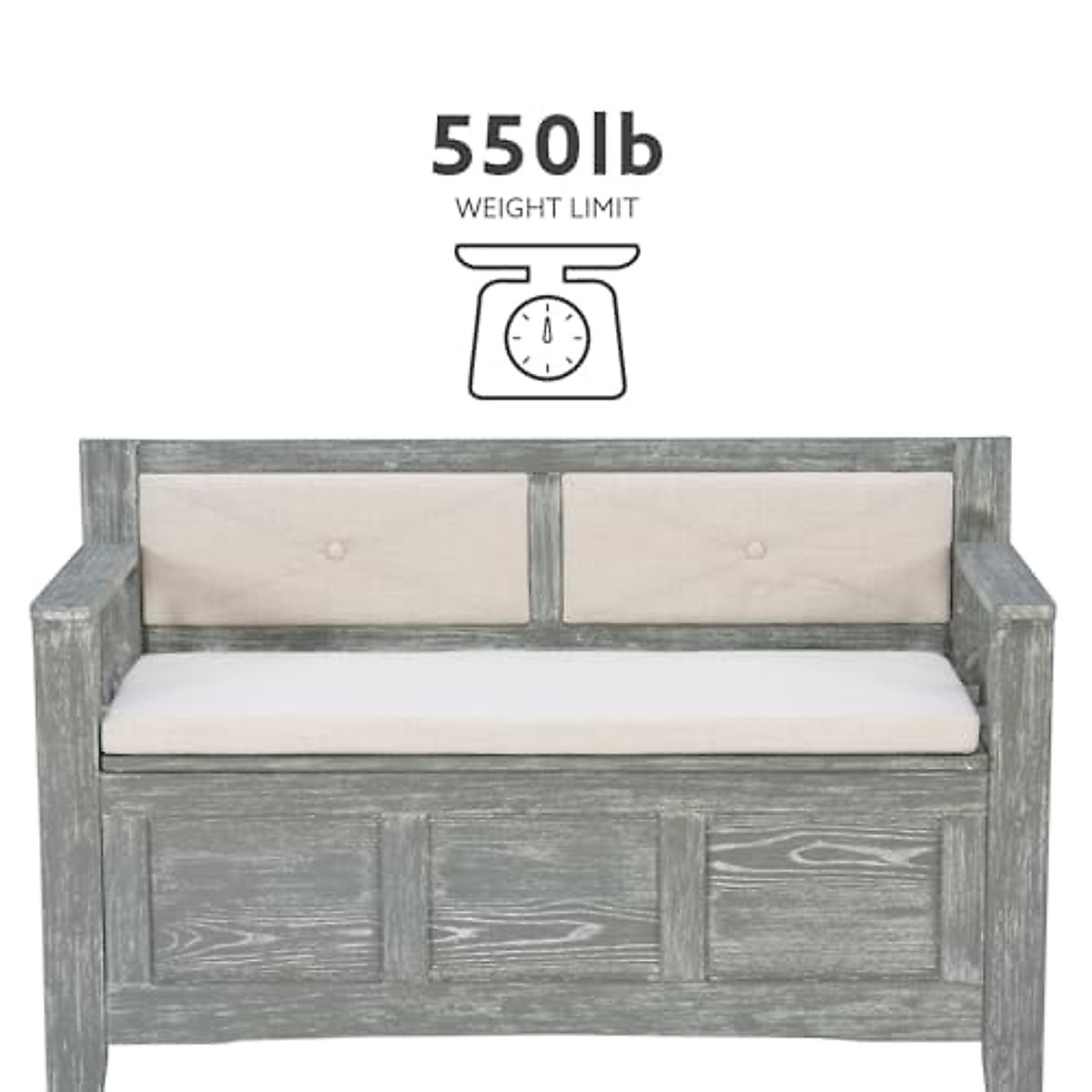Linon Weathered Grey Carlton Storage Bench with Beige Upholstered Back and Cushioned Seat