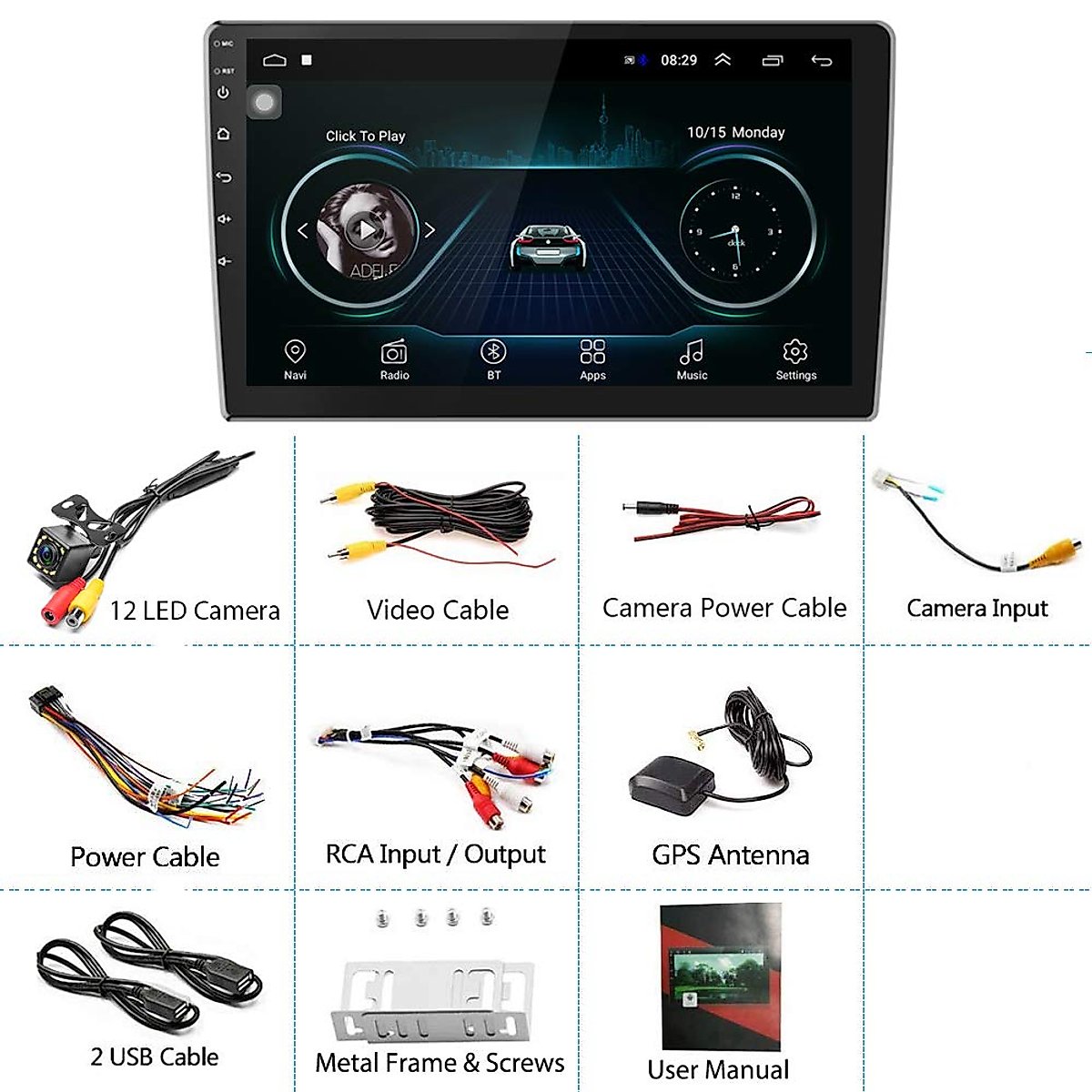 Hikity 10.1 Inch Android Car Stereo Touch Screen Double Din Car Radio WiFi Bluetooth GPS Navigation FM Radio Support Mirror Link for Android/iOS Phone, with 12 Led Lights HD Rear View Camera