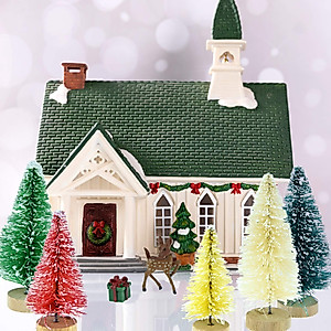 Yookat 51Pcs Pine Trees Artificial Trees with Wood Base Sisal Bottle Brush Trees Assorted Color and Deer Boxes Winter Snow Ornaments for Christmas Decoration
