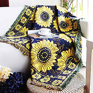 PHNAM Sunflower Throw Blanket with Fringe for Couch Bed Soft Decorative Cozy Cotton Woven Knit Warm Bed Throws Reversible for Chair, Sofa, Living Room, Bedroom (51x70.8 inches) (Sunflower)
