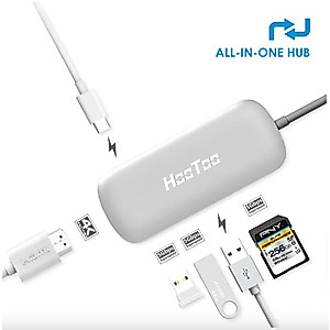 HooToo USB C Hub, 6-in-1 USB C Adapter with 4K USB C to HDMI, 3 USB 3.0 Ports, SD Card Reader, Pd Charging Port for MacBook/Pro/Air (2018), Chromebook, and More USB C Devices (Grey), silver