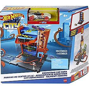 Hot Wheels City Toy Car Track Set Downtown Car Park Playset with 1:64 Scale Vehicle, 4 Levels, Working Lift & Exit Chute
