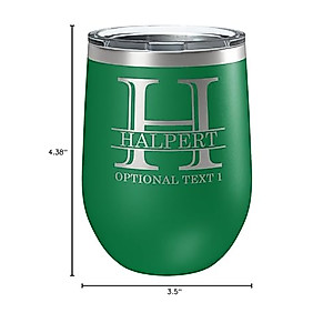 Personalized 12oz (17 Colors) Powder Coated Stainless Steel Stemless Wine Tumbler with Lid, Custom Etched, Customized Gift for Women Her, Wine Lover, Halpert Monogram Initial Name (Green)