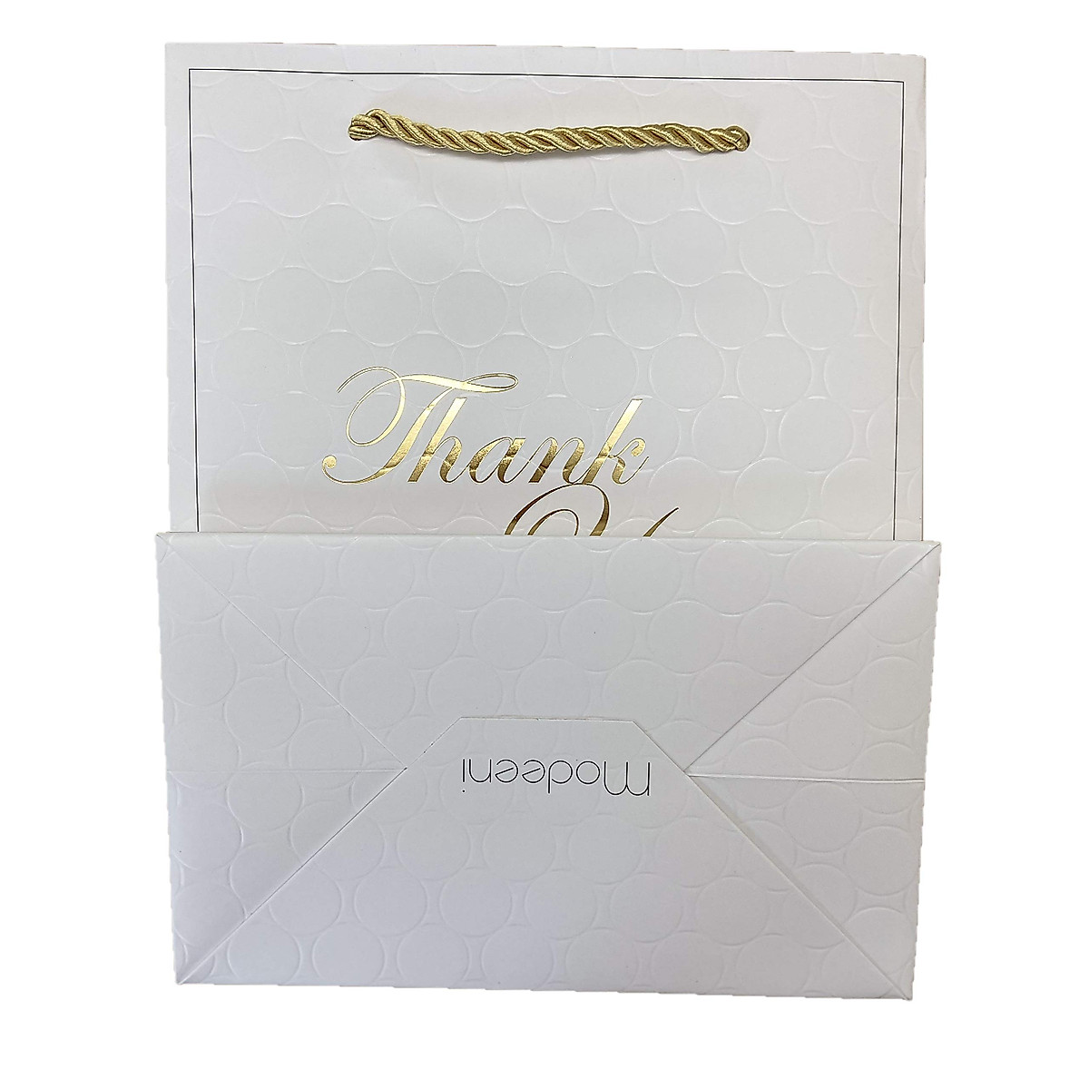MODEENI White Thank You Gift Bags with Handles 12 Pcs Paper Medium 8x10 Fancy Gold Foil Luxury Event Shopping 8x5x10 Premium Quality Cute Matte Modern Elegant Embossed Birthday Merchandise Clothing Business Wedding