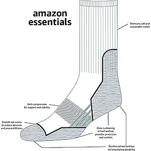 Amazon Essentials Women's Cushioned Hiking Crew Socks, 3 Pairs, Grey Heather, 6-9
