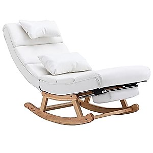 NIOIIKIT Modern Rocking Lounge Chair, Upholstered Glider Chair for Nursery, Accent Rocker Chair with Large Back & Pull Out Pedal, Lie or Sleep Lazy Chair for Living Room, Bedroom, Balcony (White PU)