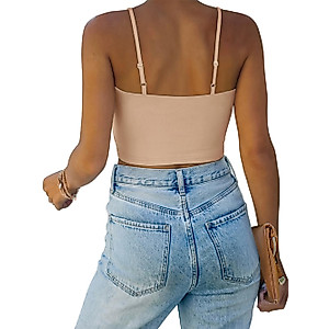 REORIA Women's Summer Sexy Casual Deep Scoop Neck Double Lined Adjustable Spaghetti Strap Cami Camisole Seamless Sleeveless Cropped Tank Top Cute Yoga Crop Tops Nude Small
