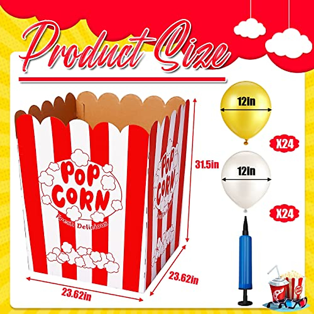 Giant Popcorn Box with Balloons and Balloons Pump Large Cardboard Popcorn Display Stand Popcorn Prop Decorations for Movie Night, Carnivals, Theme Party, Circus, Theater (50 Pcs)