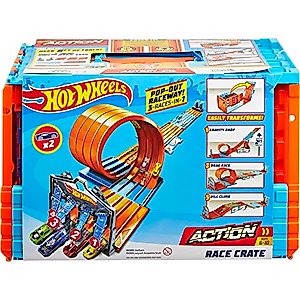 Hot Wheels Toy Car Track Set, Race Crate Transforms Into 3 Builds, Includes Storage & 2 Cars in 1:64 Scale [Amazon Exclusive]