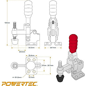 POWERTEC 20328 Quick Release Vertical Toggle Clamp 12050-200 lbs Holding Capacity w Rubber Pressure Tip, 4PK