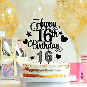 16th Birthday Cake Decorations Set Include 16th Birthday Candles Numeral 16 Cake Candles and Happy 16th Birthday Cake Toppers with Heart Star Cupcake Picks for Birthday Party (Black Series)