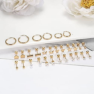 Florideco Small Tiny Stud Earrings for Women Men Hypoallergenic Flat Back Earrings 14K Gold Plated Surgical Stainless Steel Earrings Sets Screw Back Cartilage Earrings