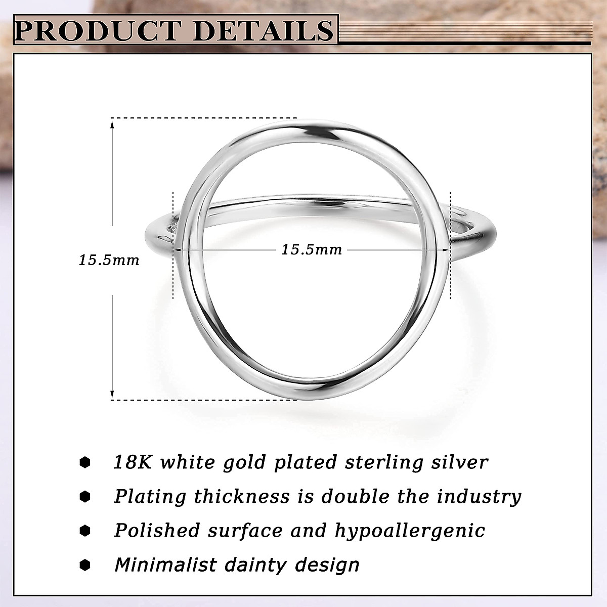 MILACOLATO 925 Sterling Silver Ring for Women 18K White Gold Plated Open Circle Karma Rings Polished Fashion Simple Plain Stackable Statement Promise Rings Comfort Fit Size 9