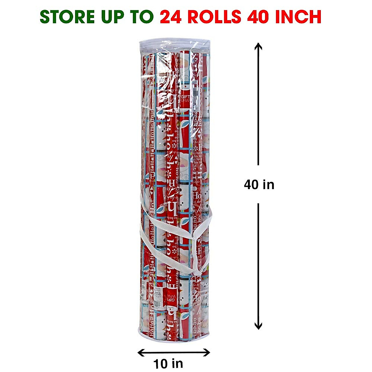 ProPik Christmas Gift Wrap Organizer Clear, Fits 24 Rolls of 40 Inch Long, Heavy Duty PVC Wrapping Paper Storage Bag with Handles and Zippered Top, Underbed Tote Clear Tube Container (White trimming)