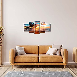 EPHANY Abstract beach canvas wall art Landscape Art - 5 Pieces Canvas Wall Art, Beach Canvas Wall Art, Sunset On Ocean,ocean beach picture,nature landscape (C-5pcs,40"x20")