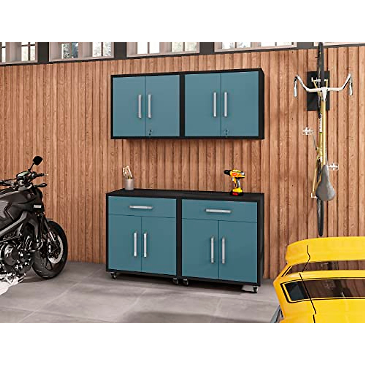 Manhattan Comfort Eiffel 4-Piece Garage Storage Set in Matte Black and Aqua Blue
