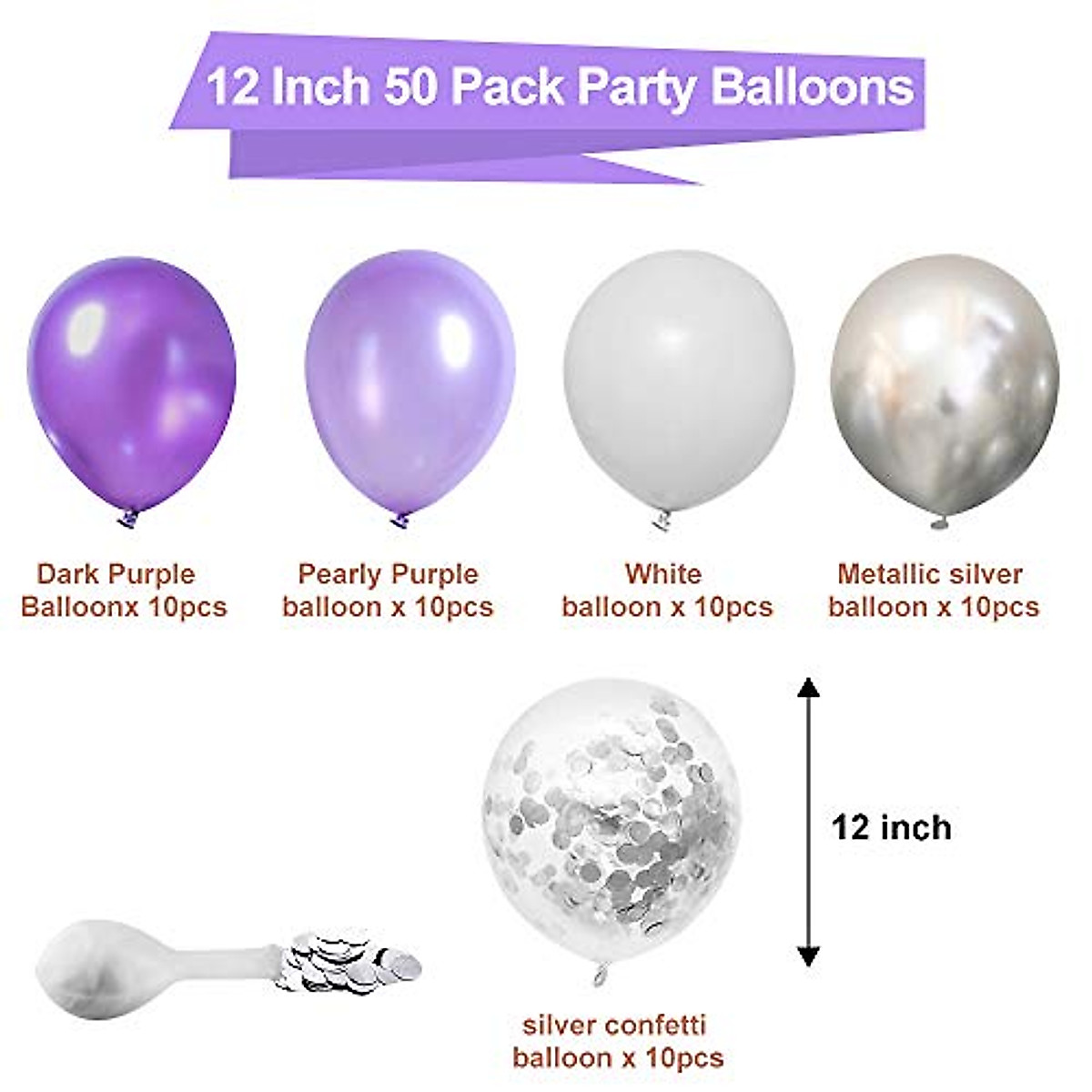 Purple White Silver Balloons 50pcs, 12 Inch Silver Confetti Balloons Latex Balloons with Purple Ribbon for Birthday Party Decoration Baby Shower Decorations