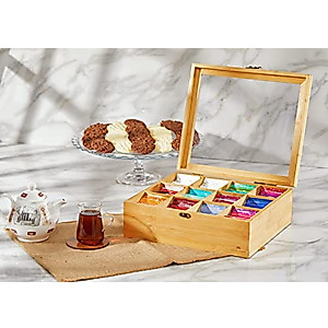 RoyalHouse Big Natural Bamboo Tea Storage Organizer with Clear Acrylic Top Window, 12 Compartments Eco-Friendly Tea Bag Holder, Multi-Functional Storage Box
