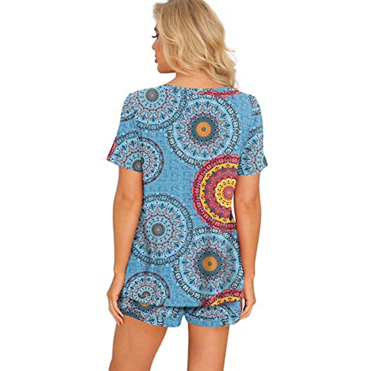 PrinStory Women's Pajama Set Short Sleeve Shirt and Shorts Sleepwear Pjs Sets with Pockets FP-Mix Blue-Small