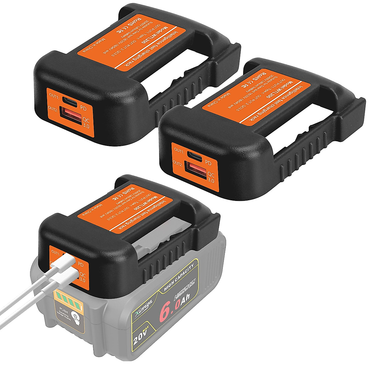 Xinriga 2 Packs Black USB Charger Adapter, Compatible with Dewalt 20V 60V Max Battery, with Type-C Fast Charging and USB Ports (Adapter Only)