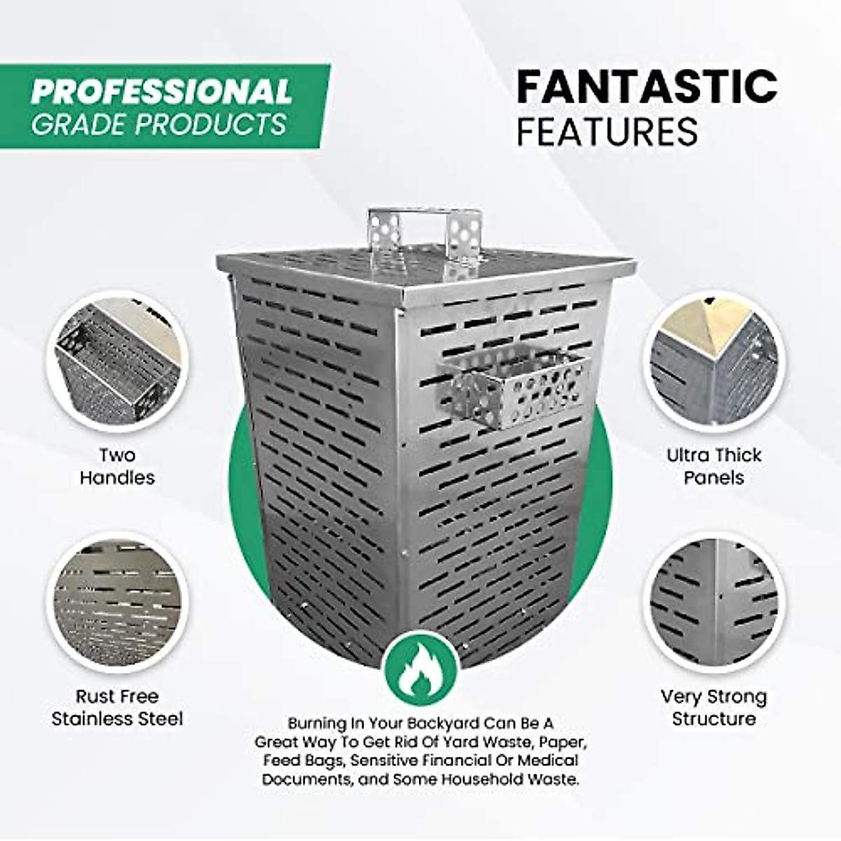 Professional Grade Products Burn Box, 35 Inch 67 Gallon Heavy Gauge Stainless Steel Burn Barrel Yard Waste Incinerator Cage with Lid for Paper Leaf Trash Wood and Backyard Bonfires
