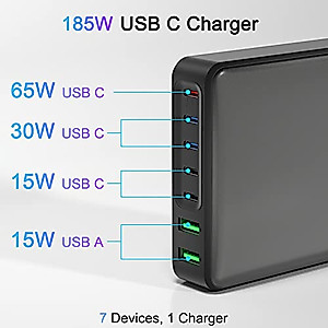 USB C Charger, 185W 7 Port USB C Charging Station Portable USB C Wall Fast Charger Laptop USB C Power Adapter for MacBook Pro/Air,iPad Pro,iPhone 14/13/Mini/Pro/13Pro Max/12 Samsung Galaxy Note
