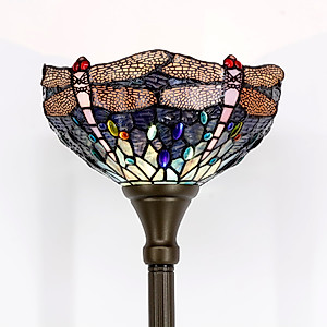 WERFACTORY Tiffany Floor Lamp Sea Blue Stained Glass Dragonfly Light 12X12X66 Inches Pole Torchiere Standing Corner Torch Uplight Decor Bedroom Living Room Home Office S631 Series